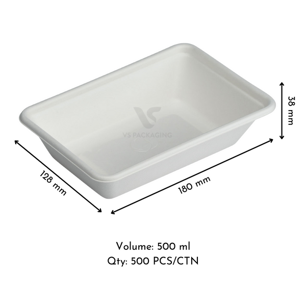 500ml Sugarcane Rectangular Takeaway Container | Compostable | VS Packaging